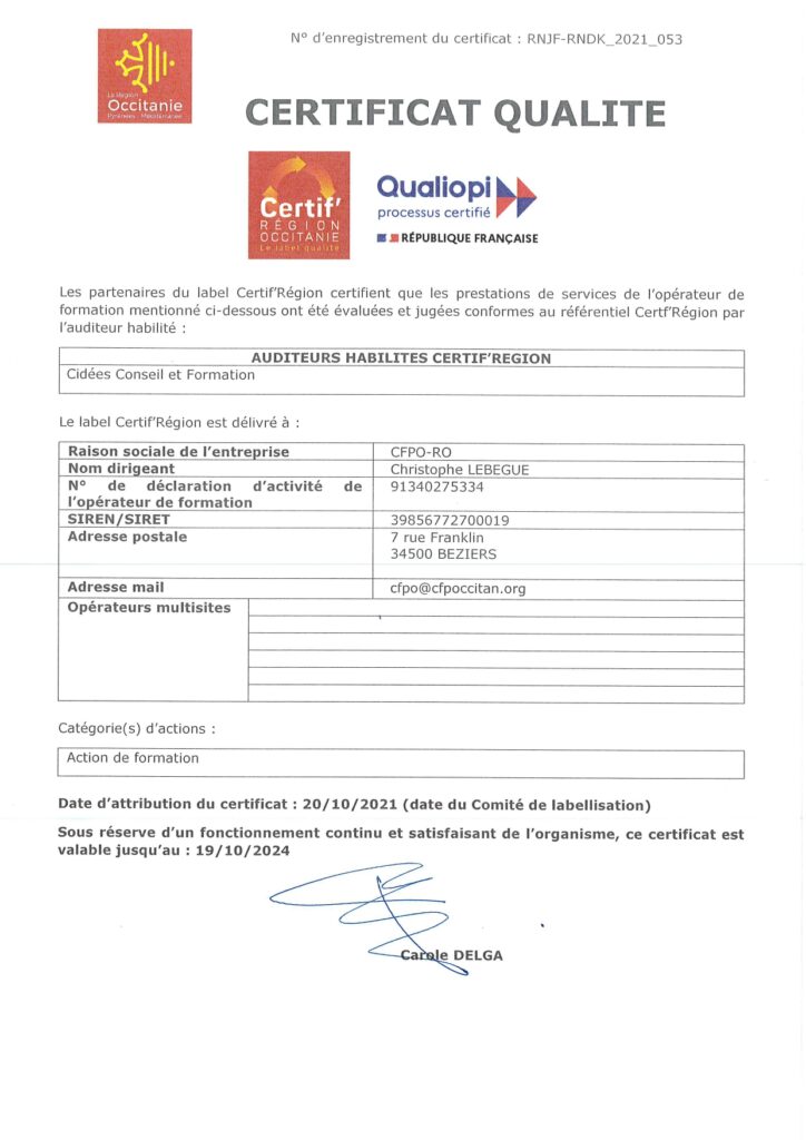 Certificat qualité - CFPO - Région Occitanie